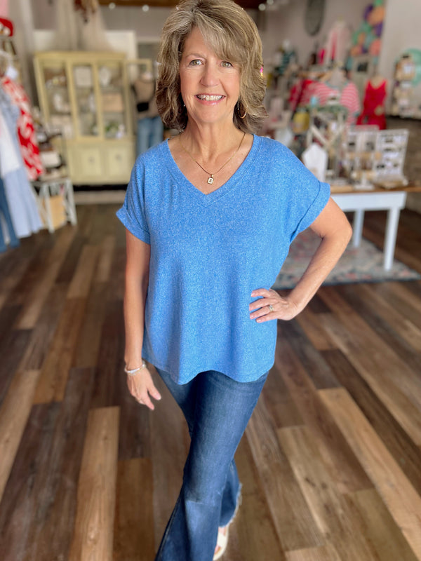 Short Sleeve V Neck Everyday Hacci Tee in Summer Blue - Angie's ...